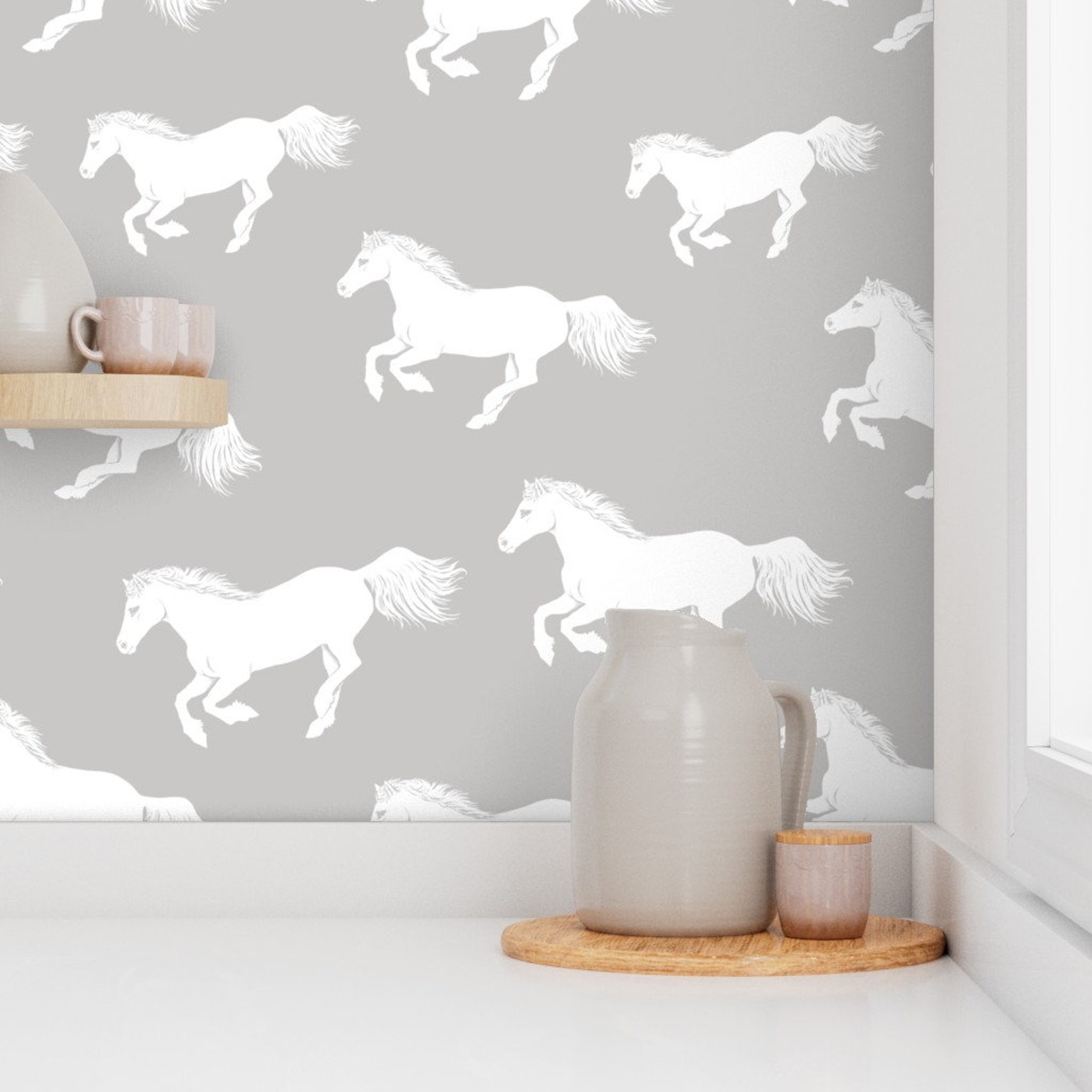 Horse Wallpaper Pony Stampede in Smoke by Thistleandfox - Etsy