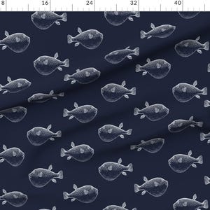 Navy Puffer Fish Fabric - White Blowfish Pufferfish Fish on Navy by ...