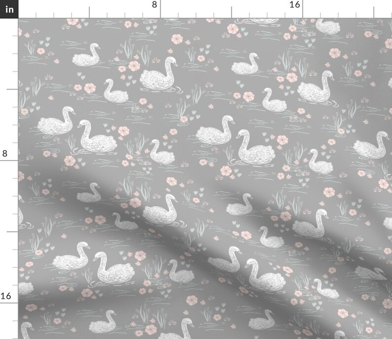 Swans Fabric Swans Girls Pastel Grey Swan Fabric Cute Girls | Etsy