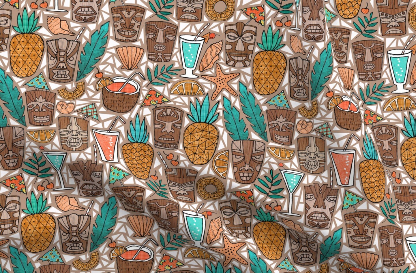 Summer Tiki Fabric Tiki Cups Beachy Drinks Coral By Run | Etsy