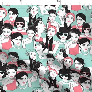 Retro Fashion Portraits Fabric - Fashion Portraits Mint by Kociara ...