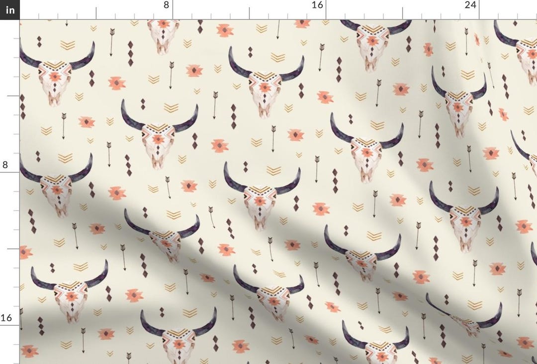 Aztec Bison Horns Fabric - Aztec Skull Bison Longhorn Bull Horns ...