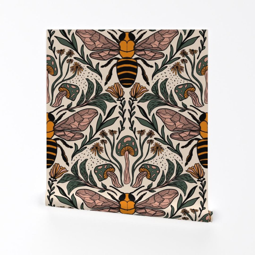 Bee Damask Removable Peel and Stick Wallpaper - Woodland Mushrooms Bees ...