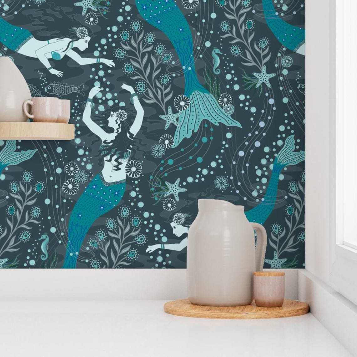 Teal Mermaids Removable Peel and Stick Wallpaper - Turquoise Bubbles ...