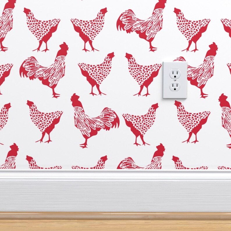 Chicken Wallpaper Chicken Red on White by Thehighfiber - Etsy
