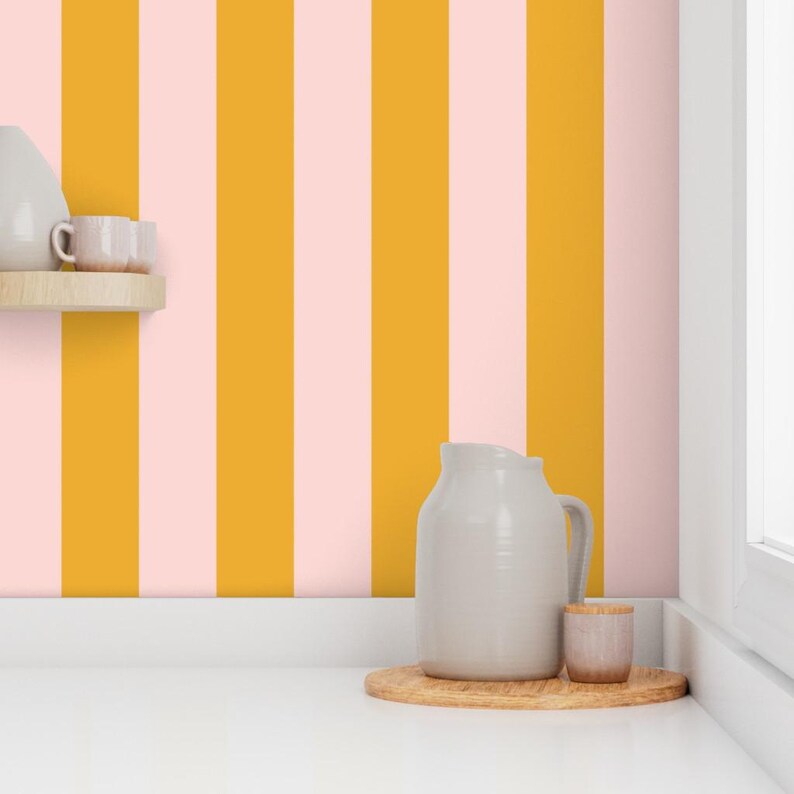 Pink Removable Peel and Stick Wallpaper - Bold Stripe Yellow Stripe ...