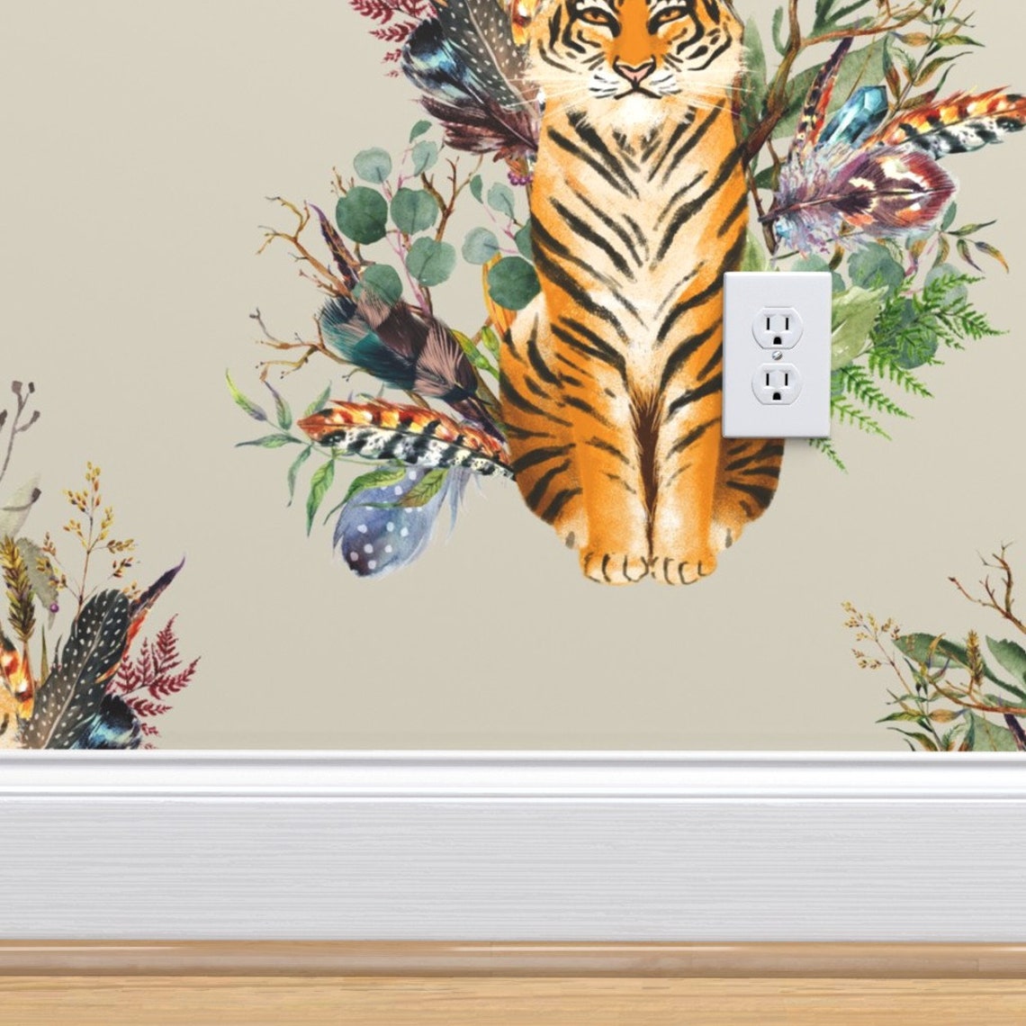 Boho Tiger Wallpaper 18 Boho Tiger Florals Taupe by | Etsy