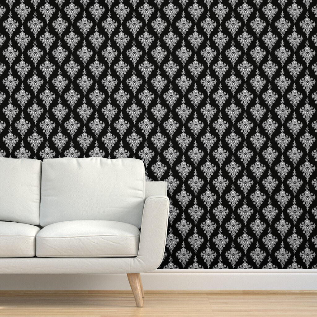 Skull Damask Wallpaper Skull Flower Damask Negative by | Etsy