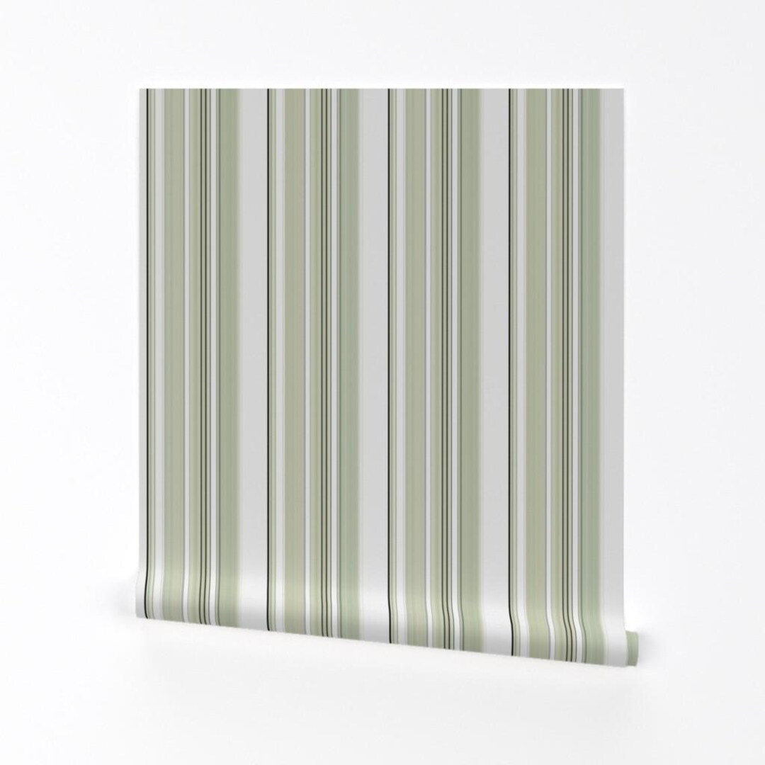 Striped Wallpaper - Lofty Linen Lines by Kristopherk - Gray Green White ...