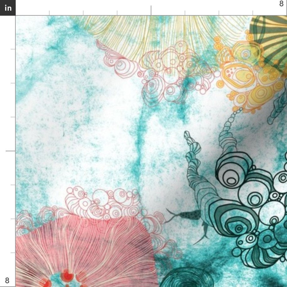 Coral Reef Fabric Life at Sea in Aqua With Urchins and Jelly | Etsy