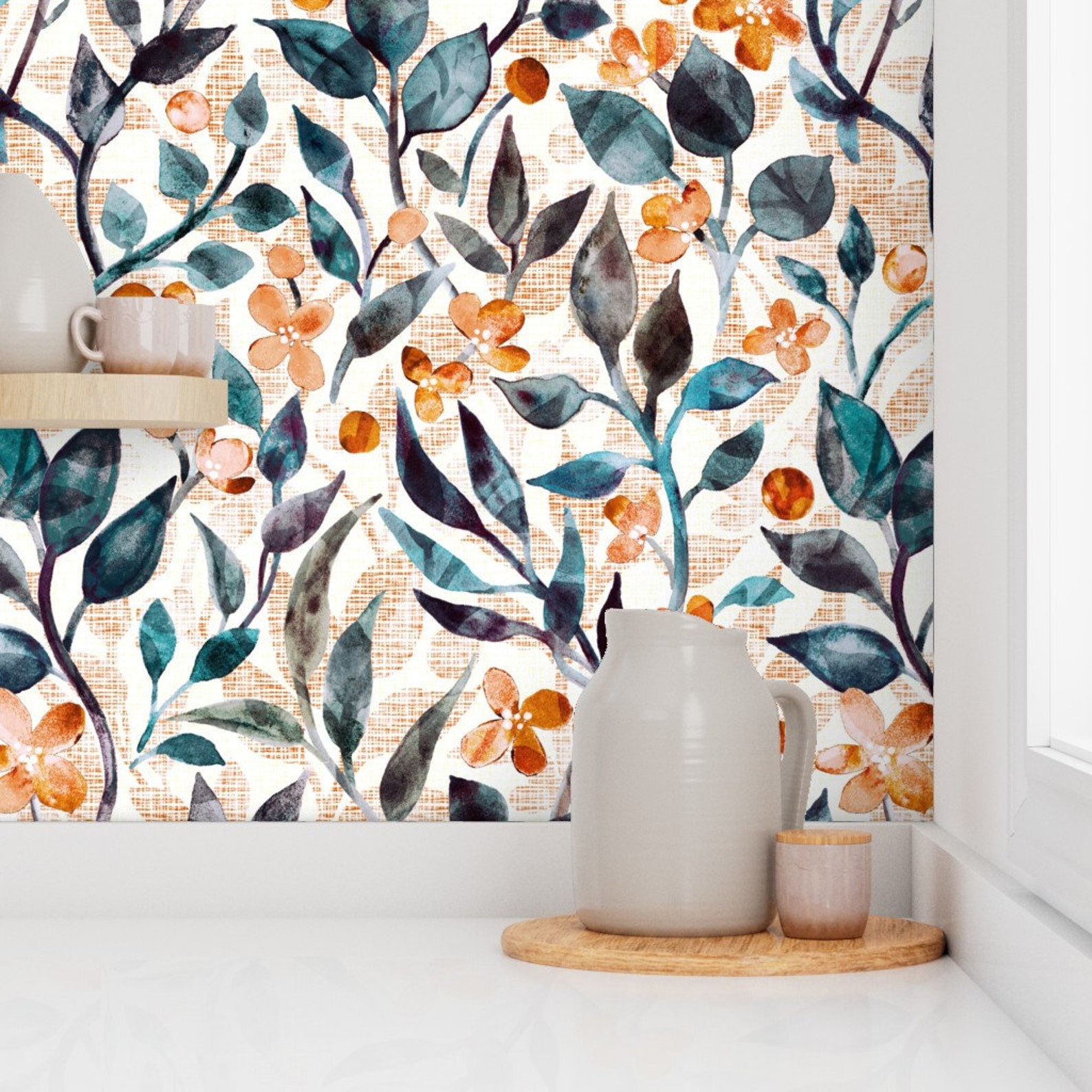 Watercolor Wallpaper Watercolor Leaves and Blossoms by - Etsy