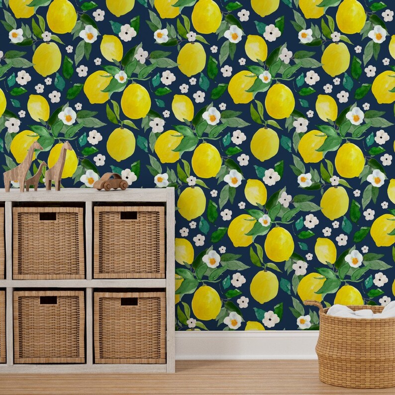 Lemon Wallpaper 8 Lemons Dark Blue Back by Shopcabin - Etsy