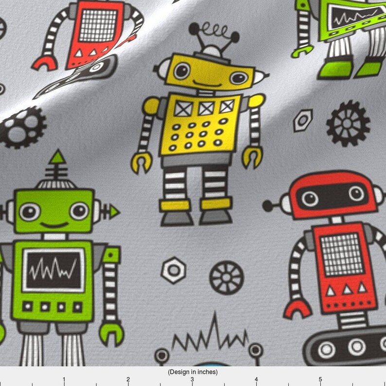 Robot Fabric Boys Cute Robots On Gray By Caja Design | Etsy