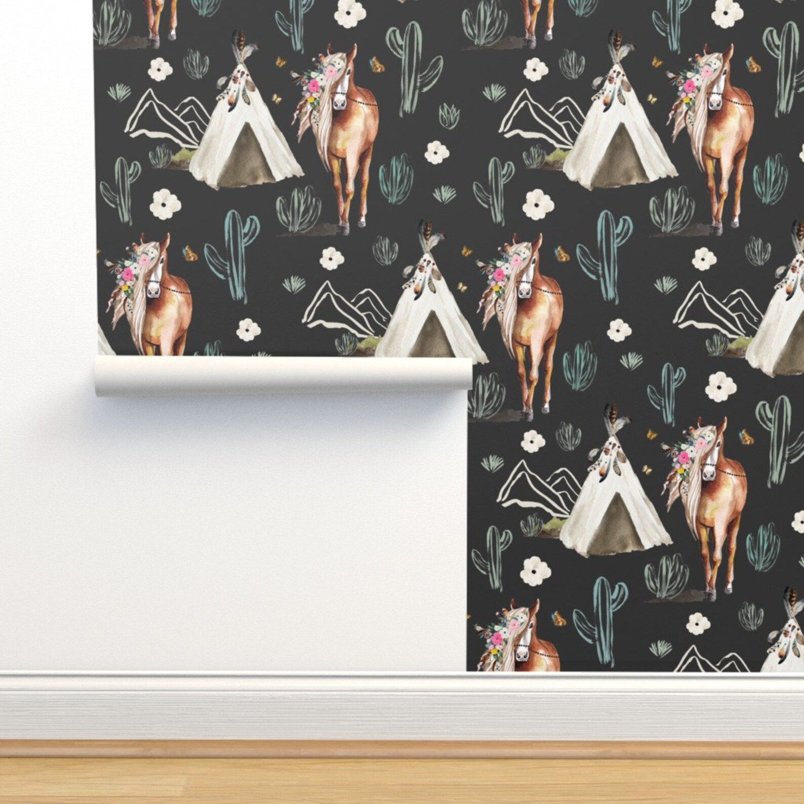 Boho Wallpaper 8 Spring Boho Floral Horse Dark Gray by - Etsy