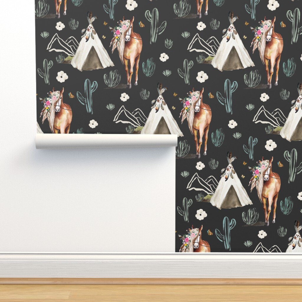 Boho Wallpaper 8 Spring Boho Floral Horse Dark Gray by - Etsy