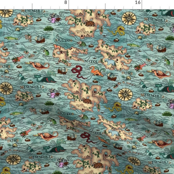 Sea Monster Map Fabric - Etsy