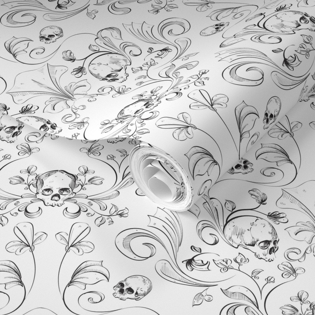 Skull Wallpaper Black and White Skull Damask by - Etsy UK