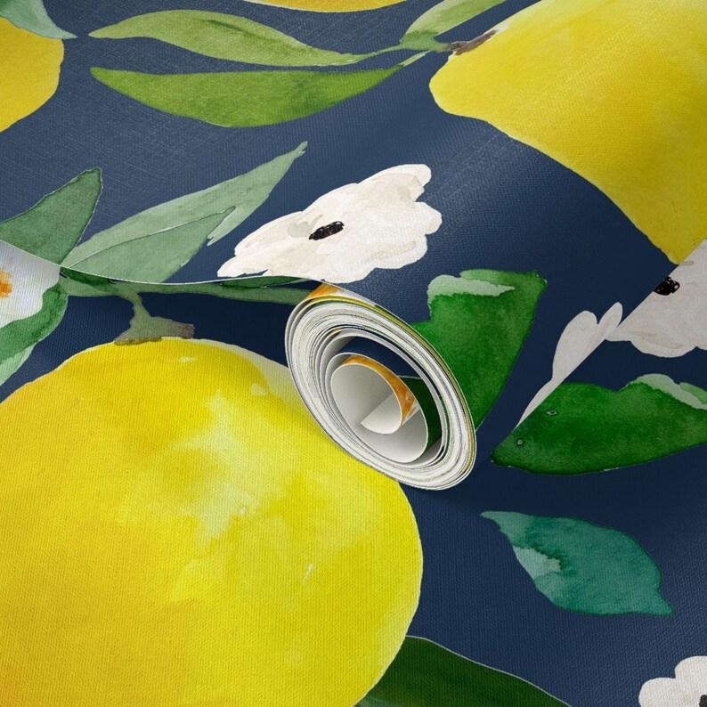 Lemon Wallpaper 8 Lemons Dark Blue Back by Shopcabin - Etsy