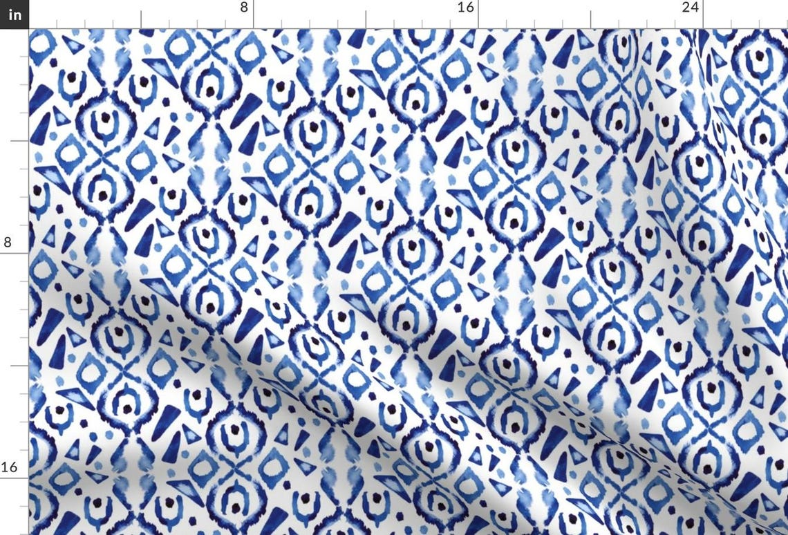 Watercolor Ikat Fabric - Blue Ikat Watercolor Indigo Boho White Tribal ...