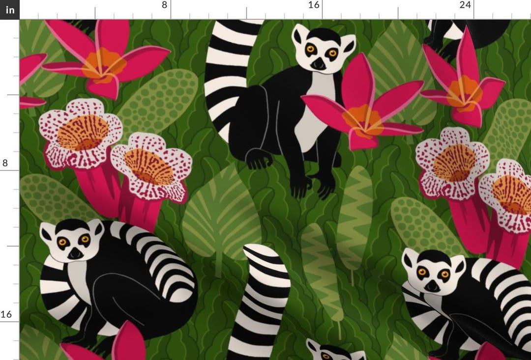 Lemur Tropical Flowers Fabric - Madagascar Ringtail Lemur Animal ...