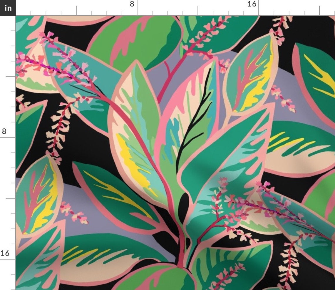 Pink and Aqua Retro Tropical Floral Fabric Tropical T-leaf | Etsy