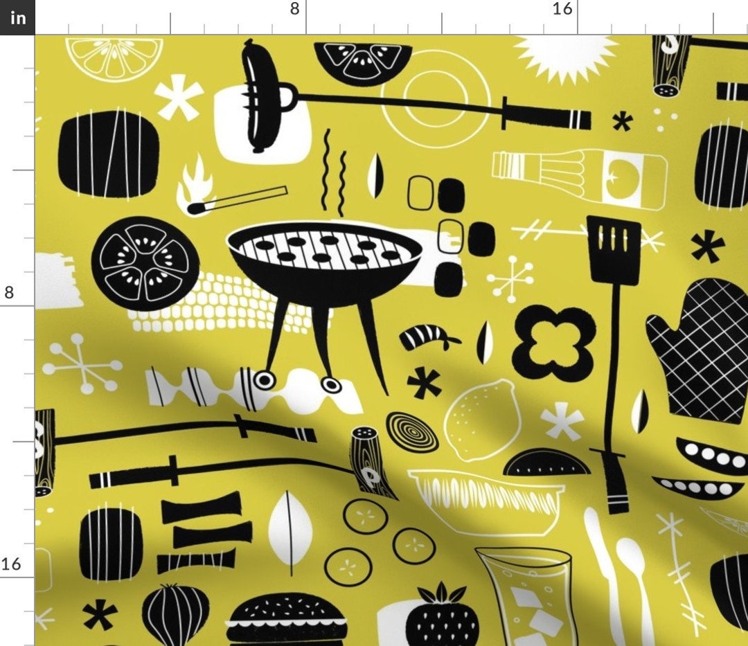 Modern Cookout Fabric Backyard Barbecue Barkcloth Mustard - Etsy