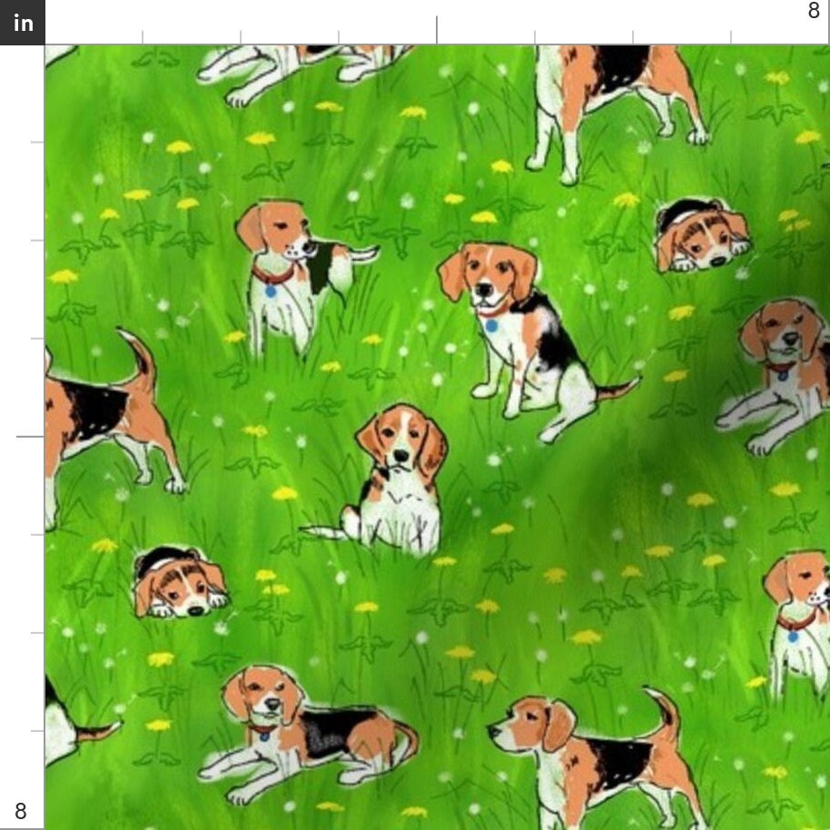 Green Beagle Fabric Beagles and Dandelions by Vinpauld | Etsy