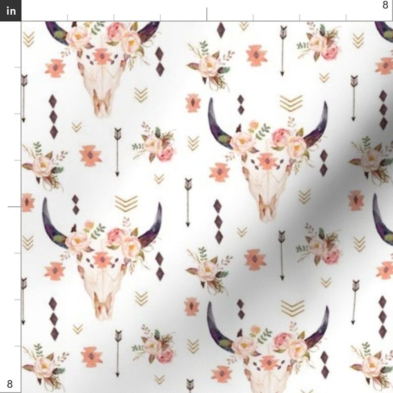 Floral Aztec Skulls Fabric Boho Bison Skull Flowers Longhorn - Etsy