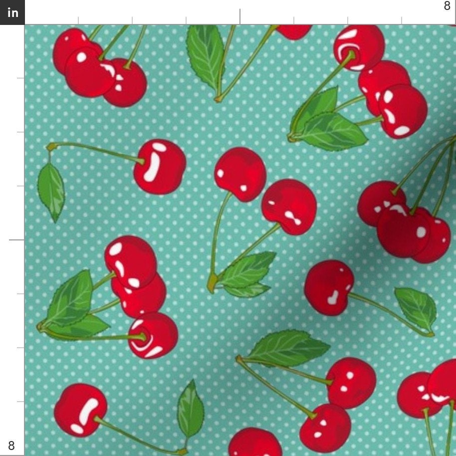 Blue Retro Cherry Fabric Very Cherry Aqua by Juliesfabrics | Etsy