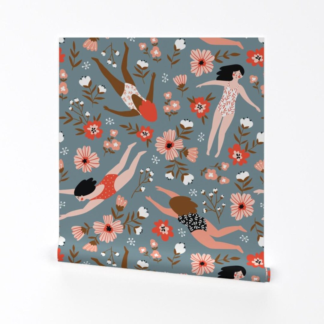 Lady Wallpaper - Flower Bath by Alenkakarabanova - Gray Coral Red ...