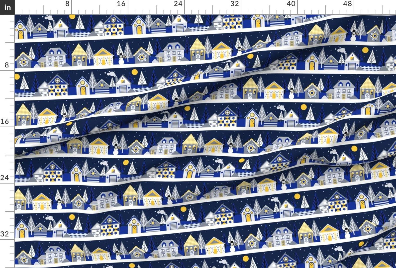 Winter Blue Houses Holiday Fabric - Snow at Night by Nikijin - Winter ...