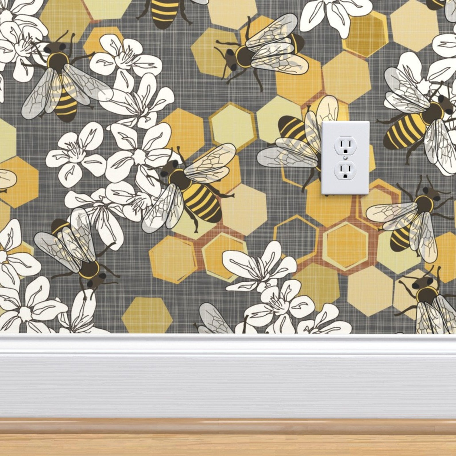 Honey Bees Wallpaper Honey Bees by Fernlesliestudio Gray - Etsy
