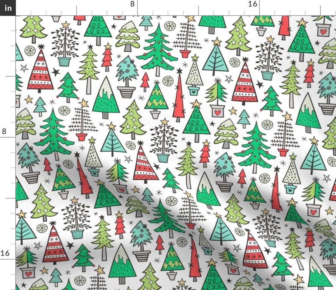Christmas Trees Fabric Christmas Tree Doodle Forest Woodland Red on ...