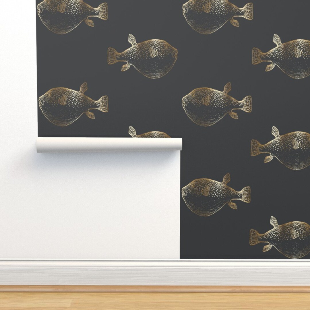 Gold Fish Wallpaper Puffer Fish Gold Gray Blowfish Large by - Etsy