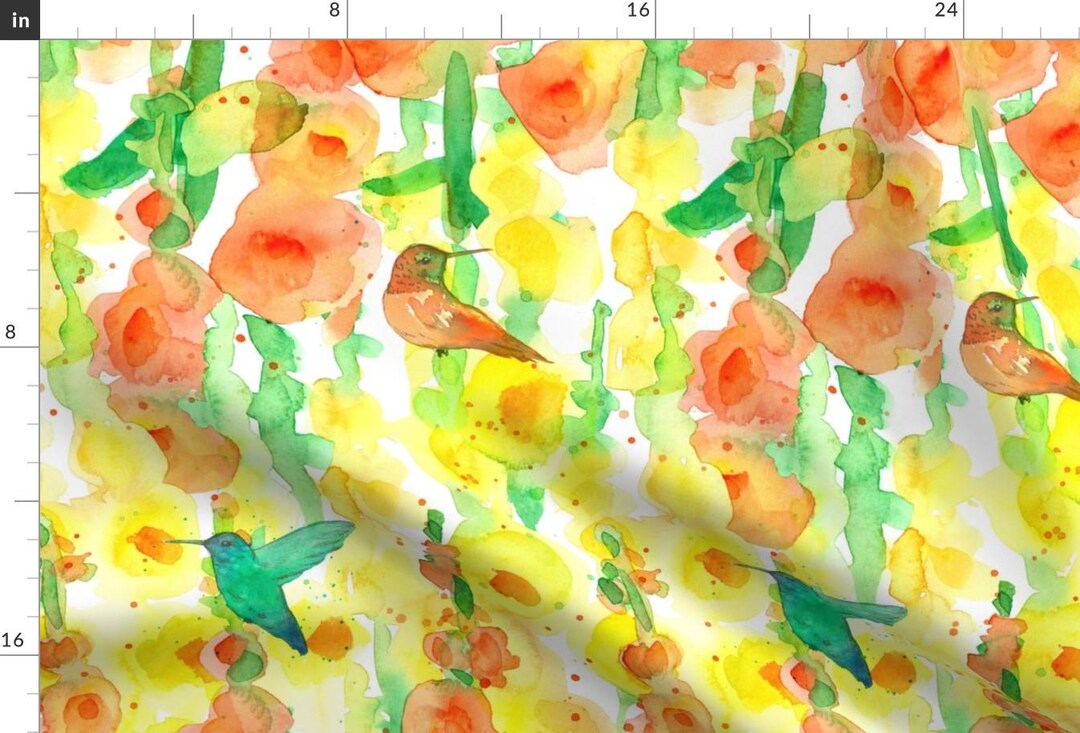 Hummingbird Watercolor Fabric - Hummingbirds and Hollyhocks by ...