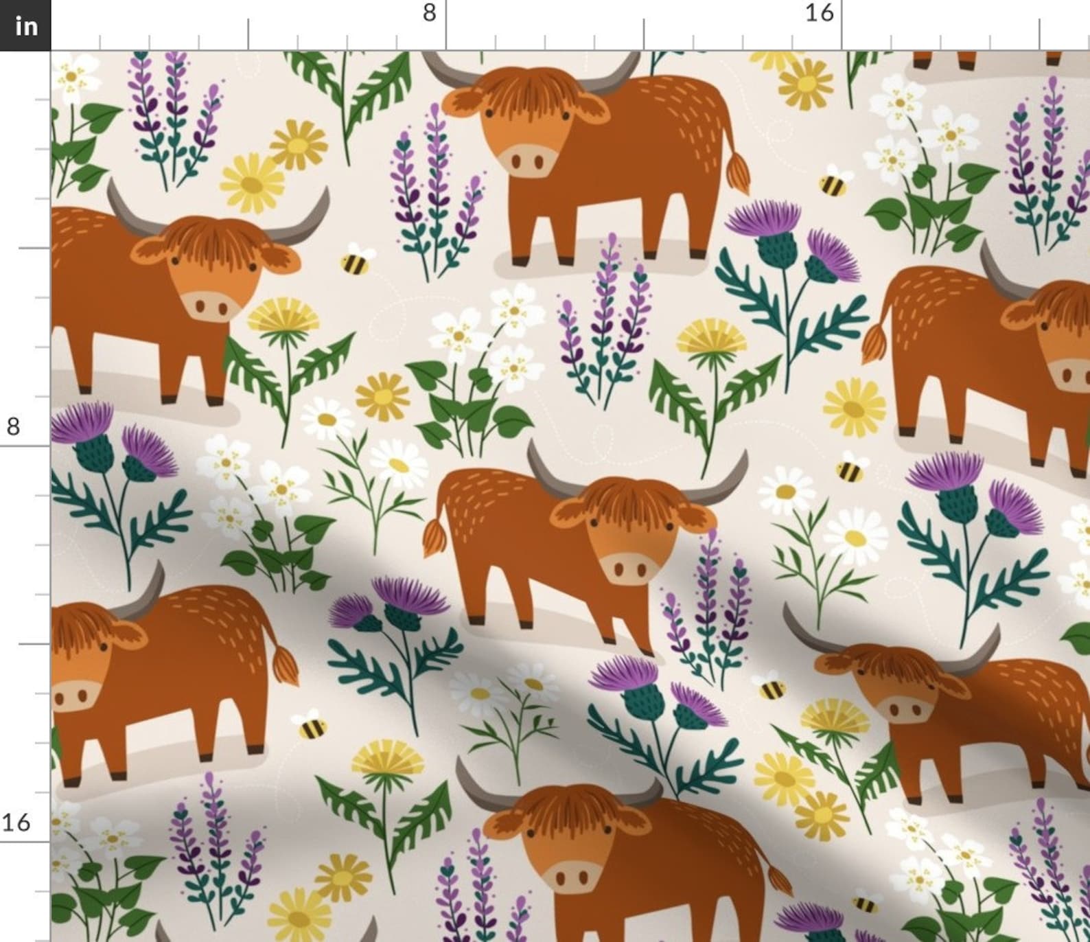 Floral Highland Cattle Fabric the Highlands by Laura May | Etsy