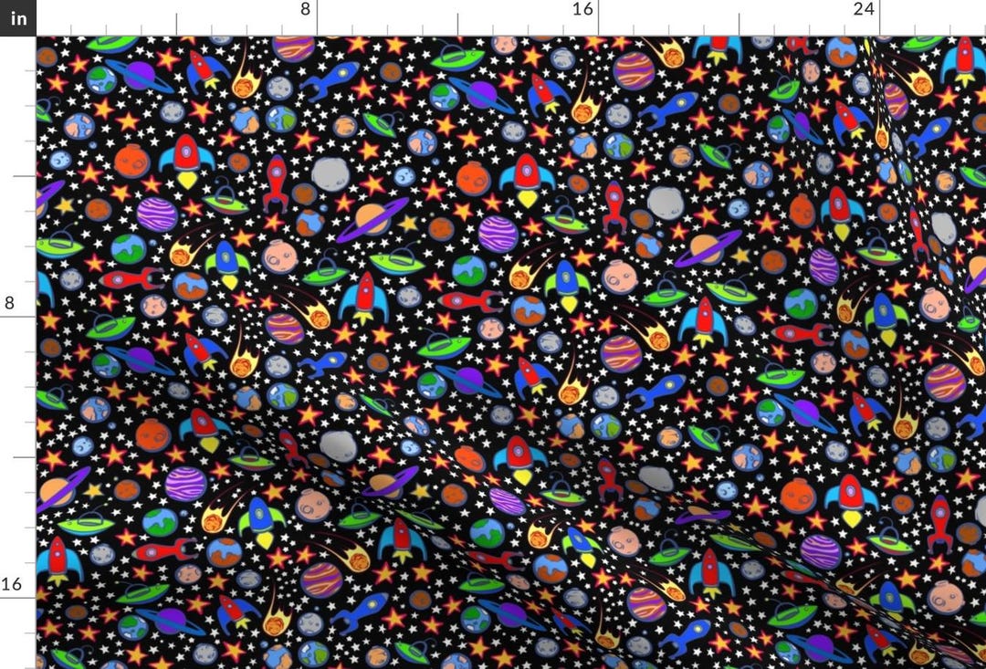 Space Fabric - Retro Space Ditsy by Jadegordon - Spaceship Rocket UFO ...