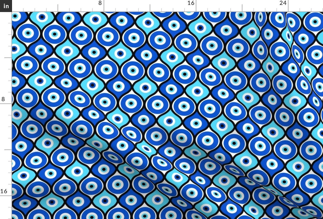 Evil Eye Fabric - Evil Eye by Thirdhalfstudios - Mystical Magical Blue Retro Geometric Cotton ...