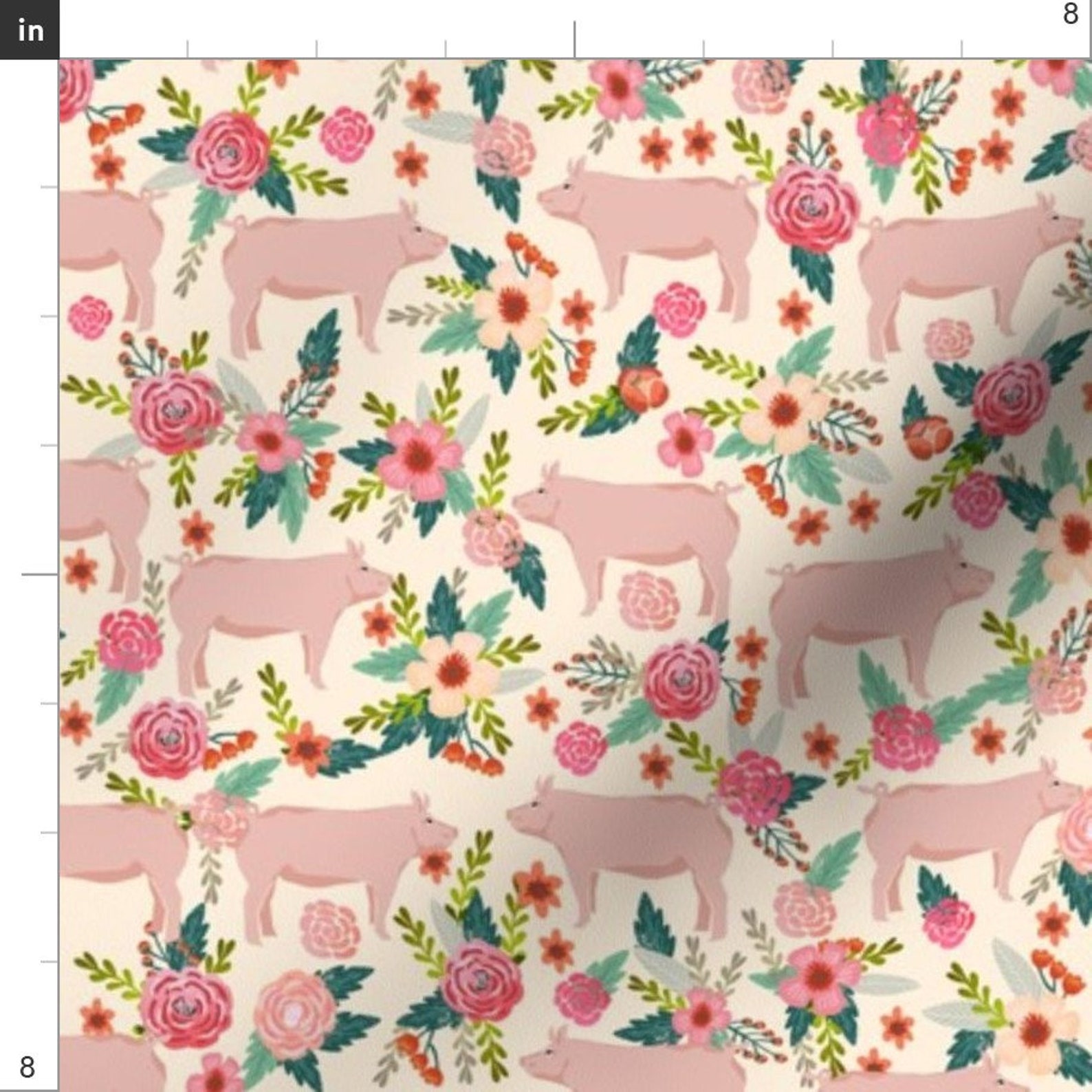 Pig Fabric Pigs and Florals Farmyard Animals Farm Cream by - Etsy