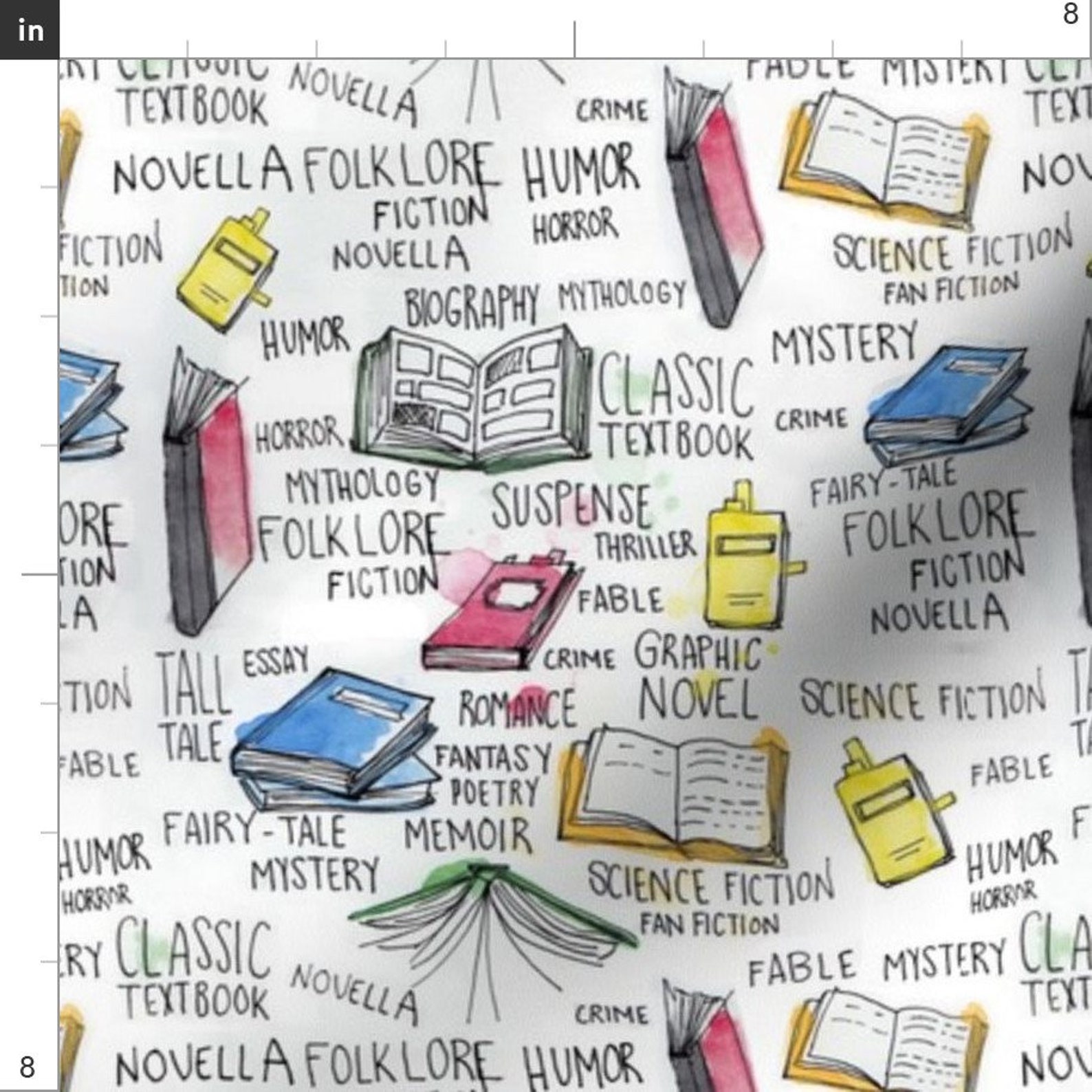 Book Genres Fabric Books by Trizzuto Watercolor Library - Etsy