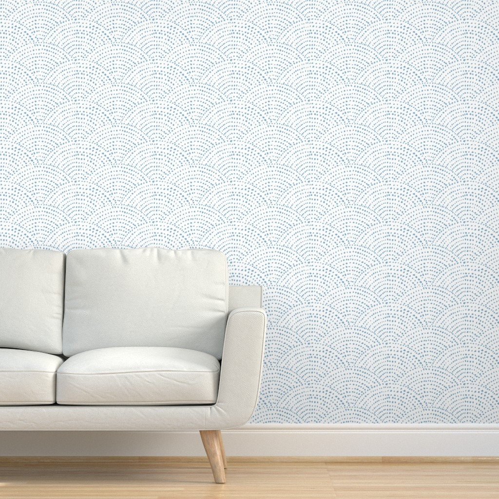 Scallop Wallpaper Large Ink Dot Scales Blue White by - Etsy