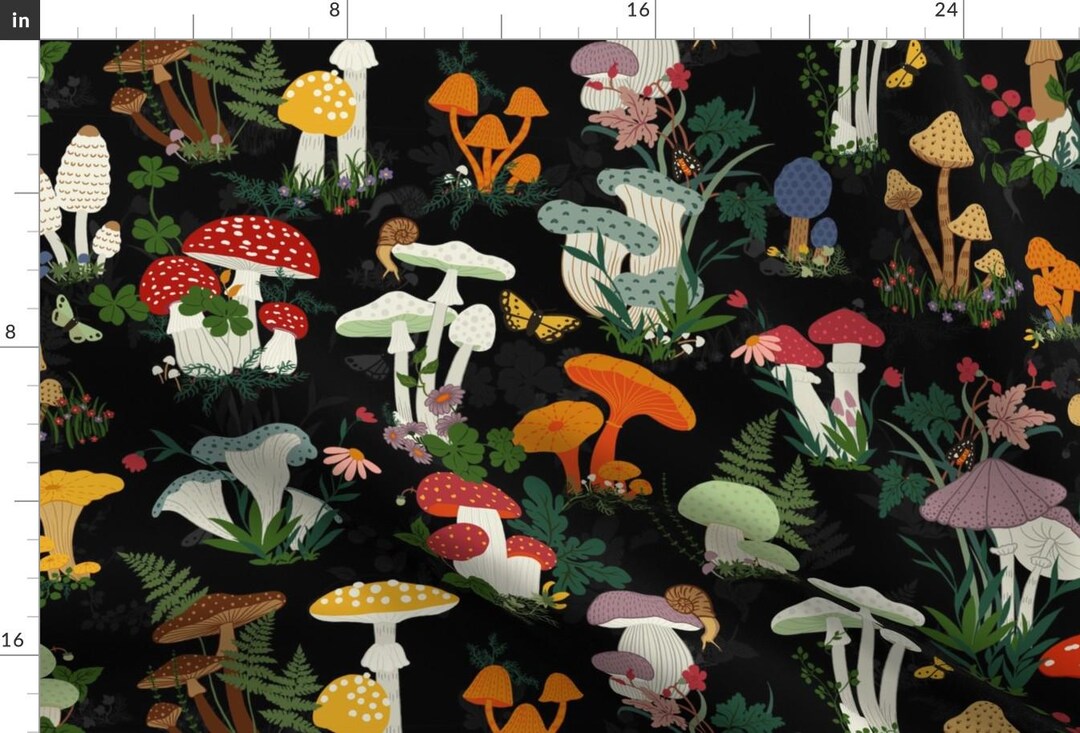 Mushrooms Fabric - Mushroom Garden by Geetanjali - Black Red Green ...
