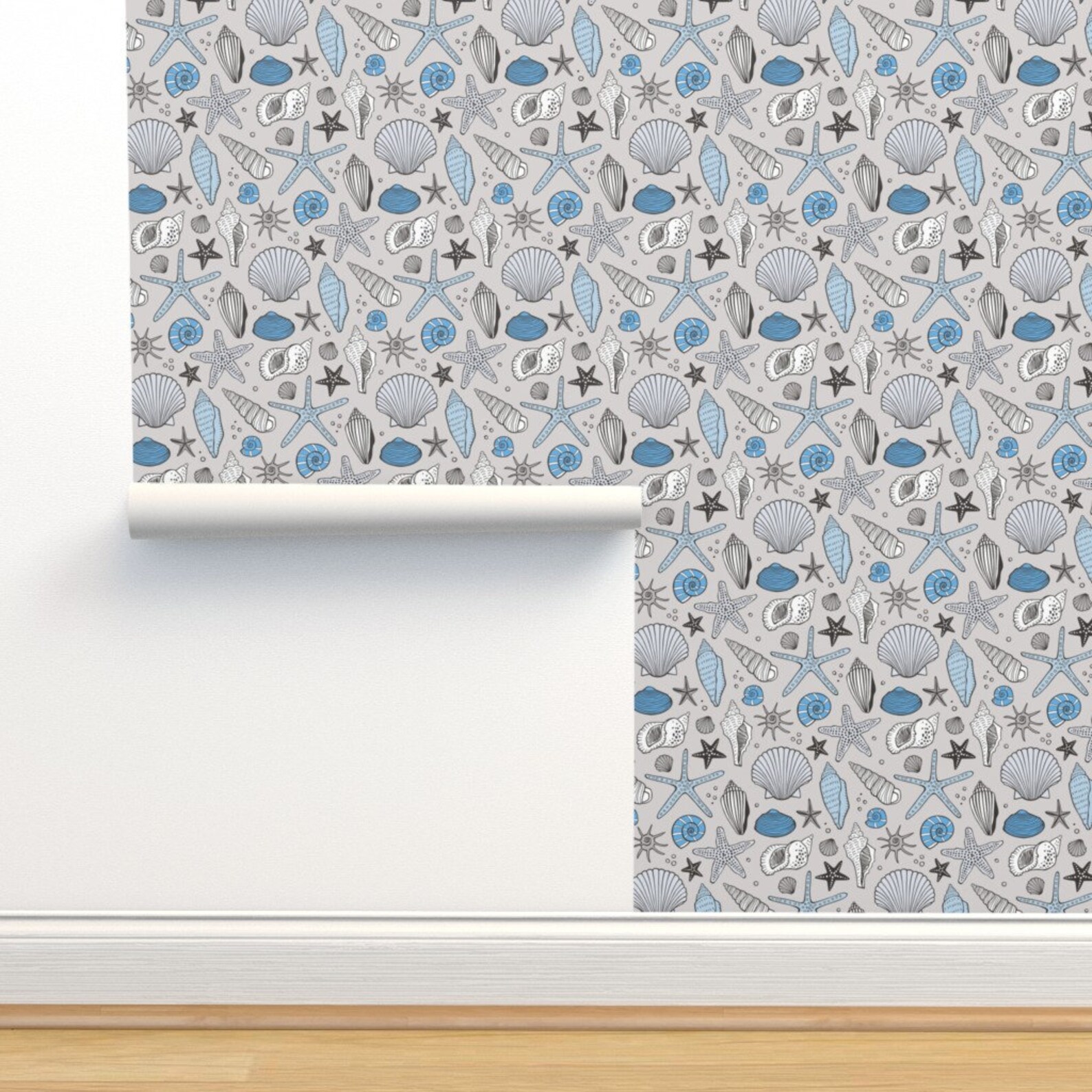 Shells Wallpaper Seashells Nautical Blue Gray by Caja Design - Etsy