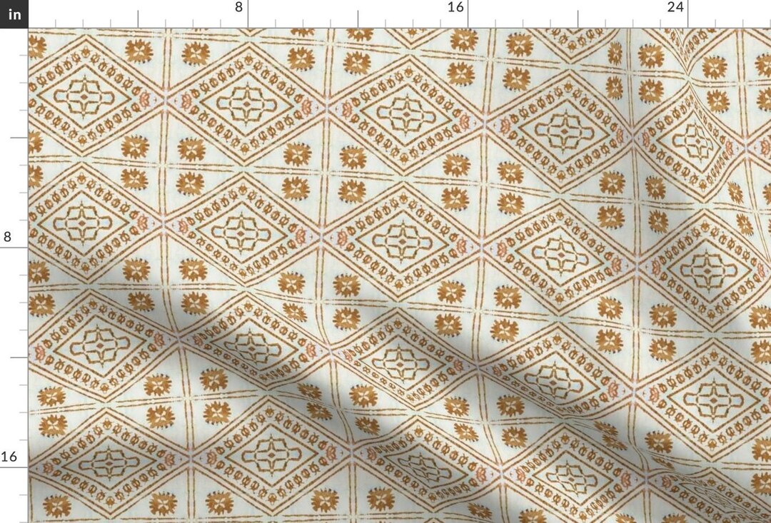 Fiji Fabric - Fijian Tapa 54 by Hypersphere - Tribal Mustard and White ...