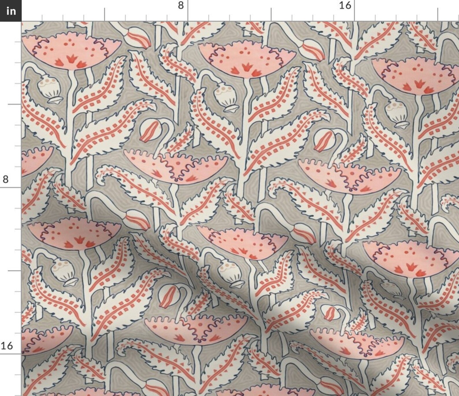 Vintage Poppy Fabric Antique Poppy in Coral Gray and Navy - Etsy