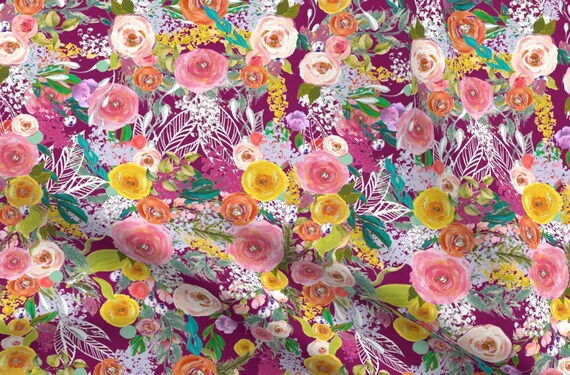 Floral Fabric Autumn Blooms Painted Floral Mulberry By | Etsy