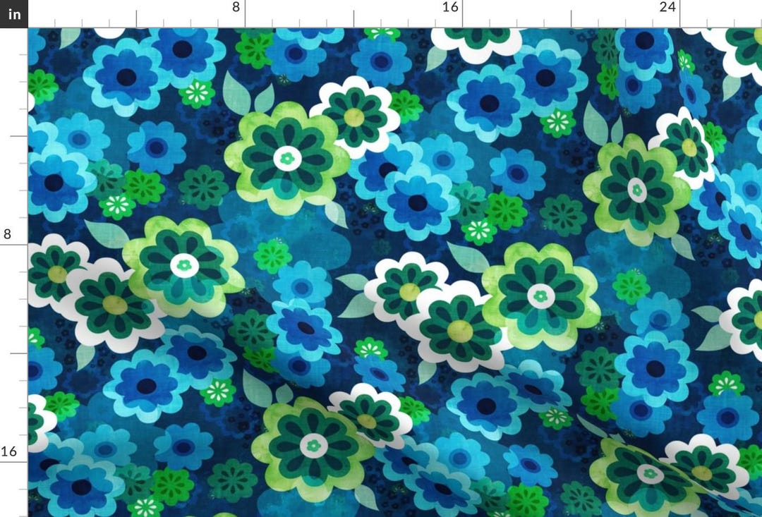 Jewel Tone Fabric - Retro Daisy Green by Adenaj - Jewel Tone Floral ...
