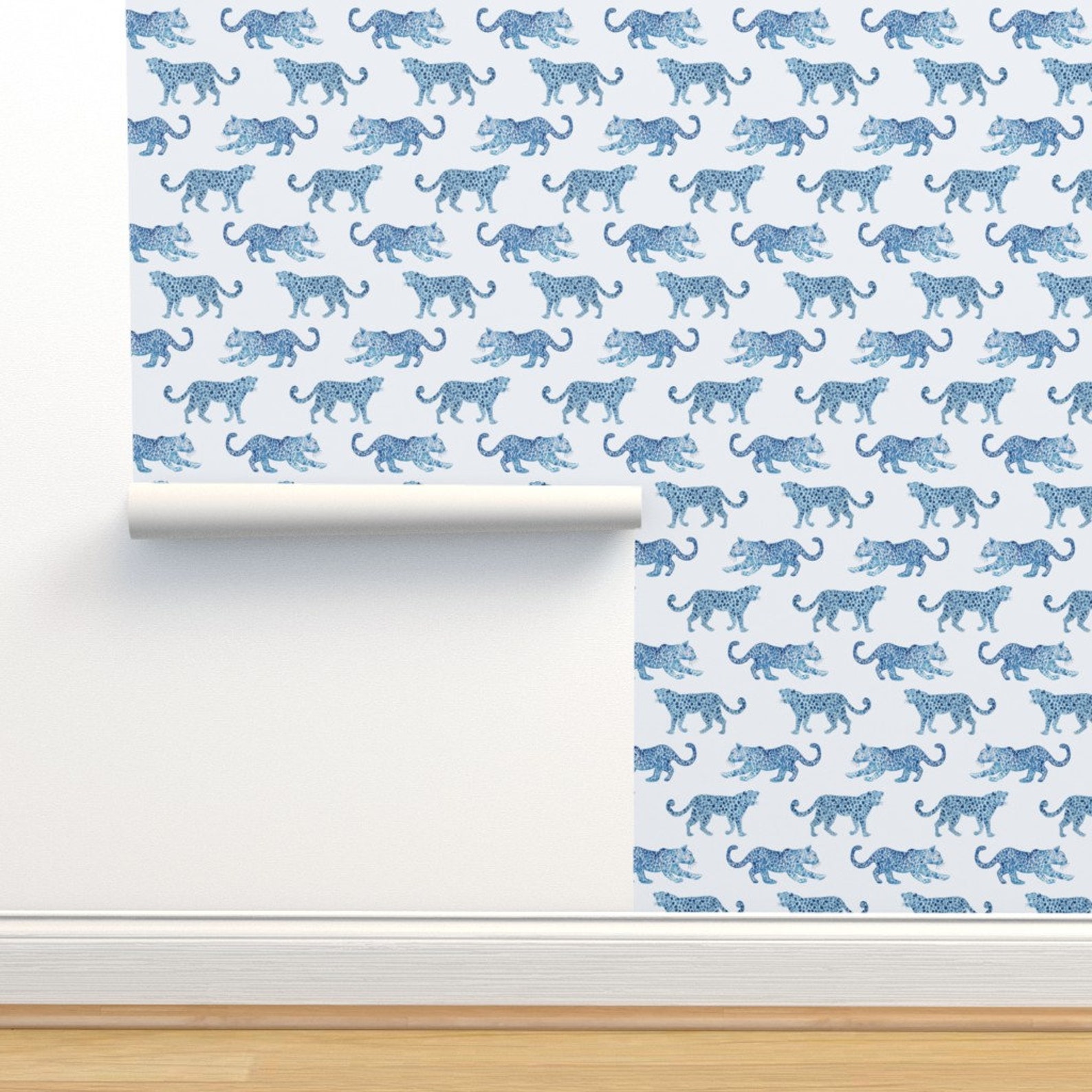 Leopards Wallpaper Leopard Parade Blue on White by Danika - Etsy