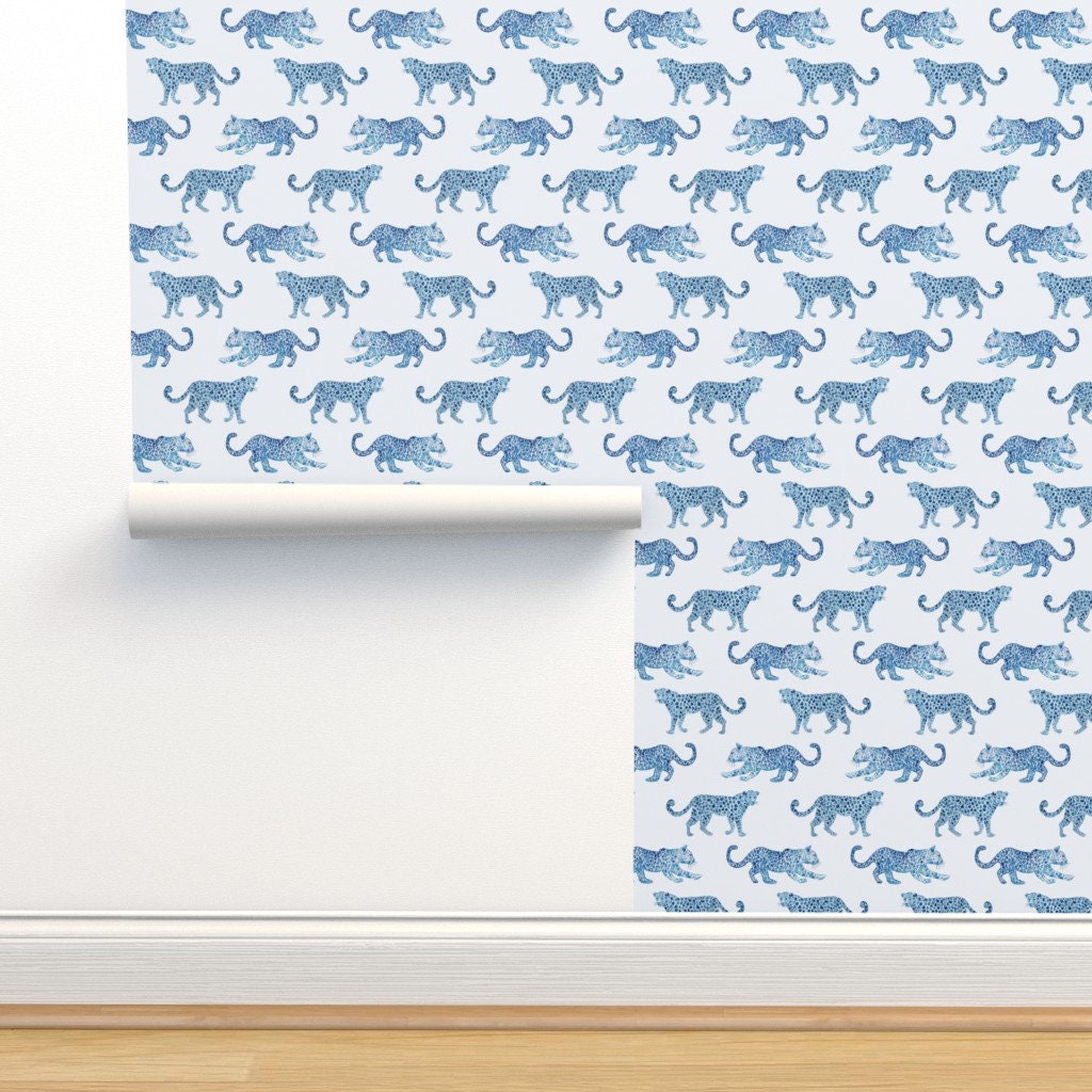 Leopards Wallpaper Leopard Parade Blue on White by Danika - Etsy