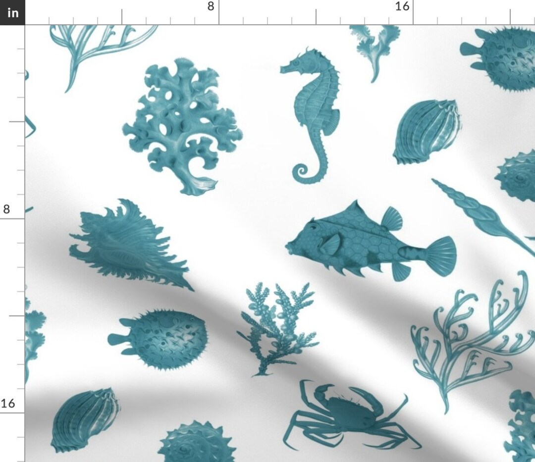 Vintage Ocean Life Fabric Monterey in Sea Blue by Willowlanetextiles ...